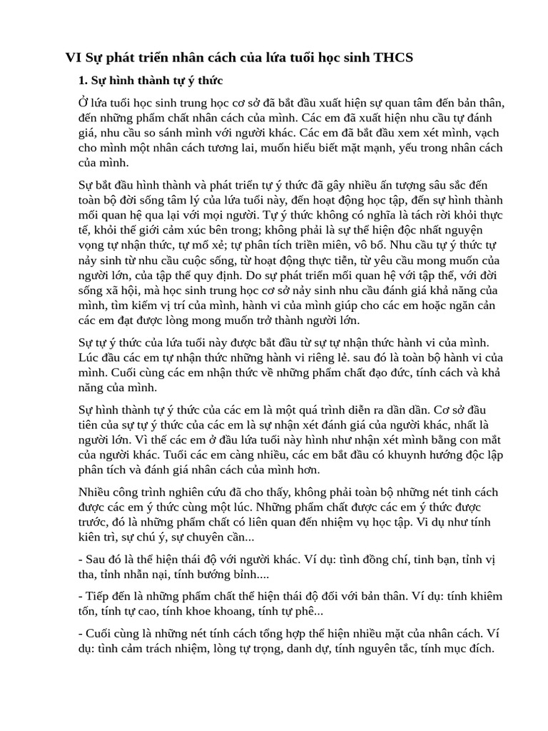 VI Sự phát triển nhân cách của lứa tuổi học sinh THCS | PDF