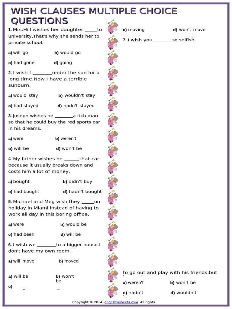 wish clauses multiple choice esl grammar worksheet | PDF