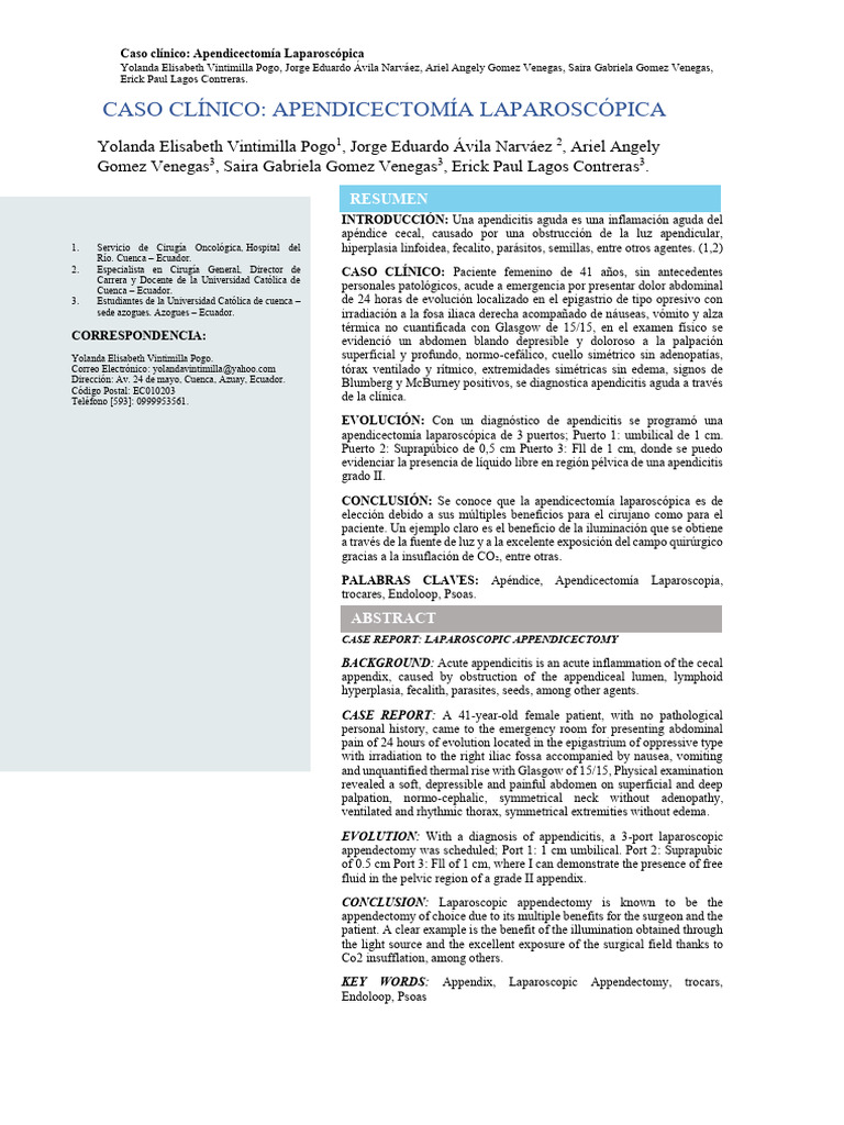 Apendicectomía Laparoscópica: Caso Clínico | PDF | Cirugía ...
