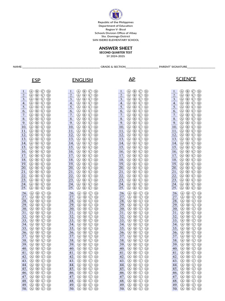 San Isidro Elementary School Test Sheet | PDF