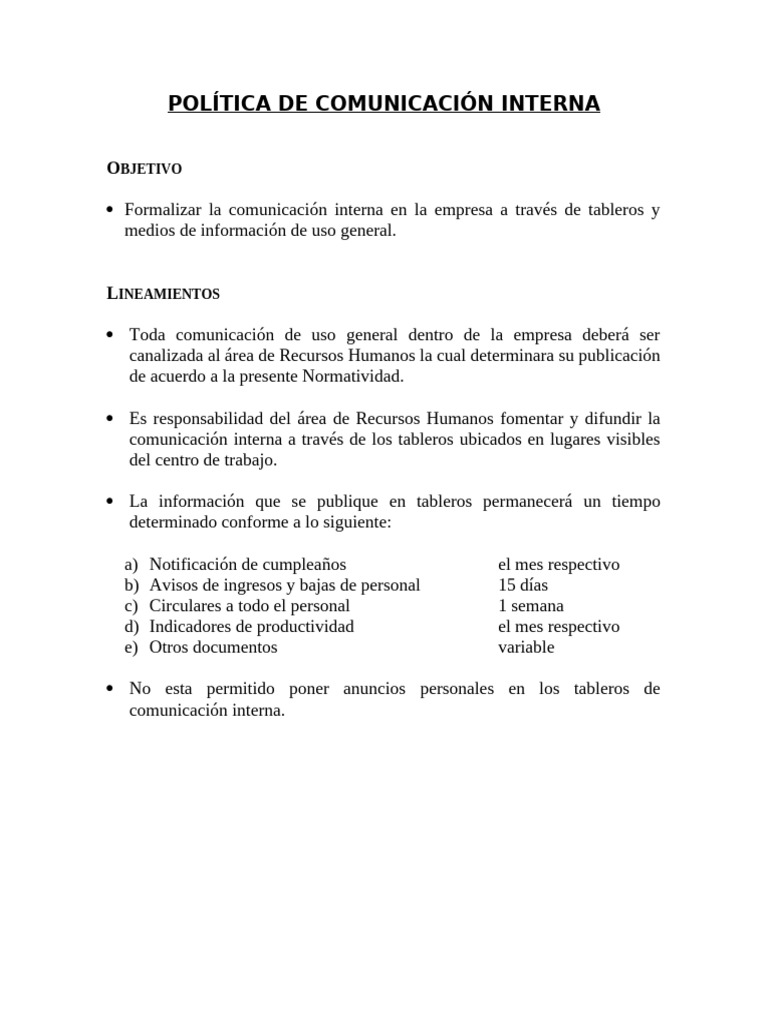 Politica de Comunicacion interna | PDF