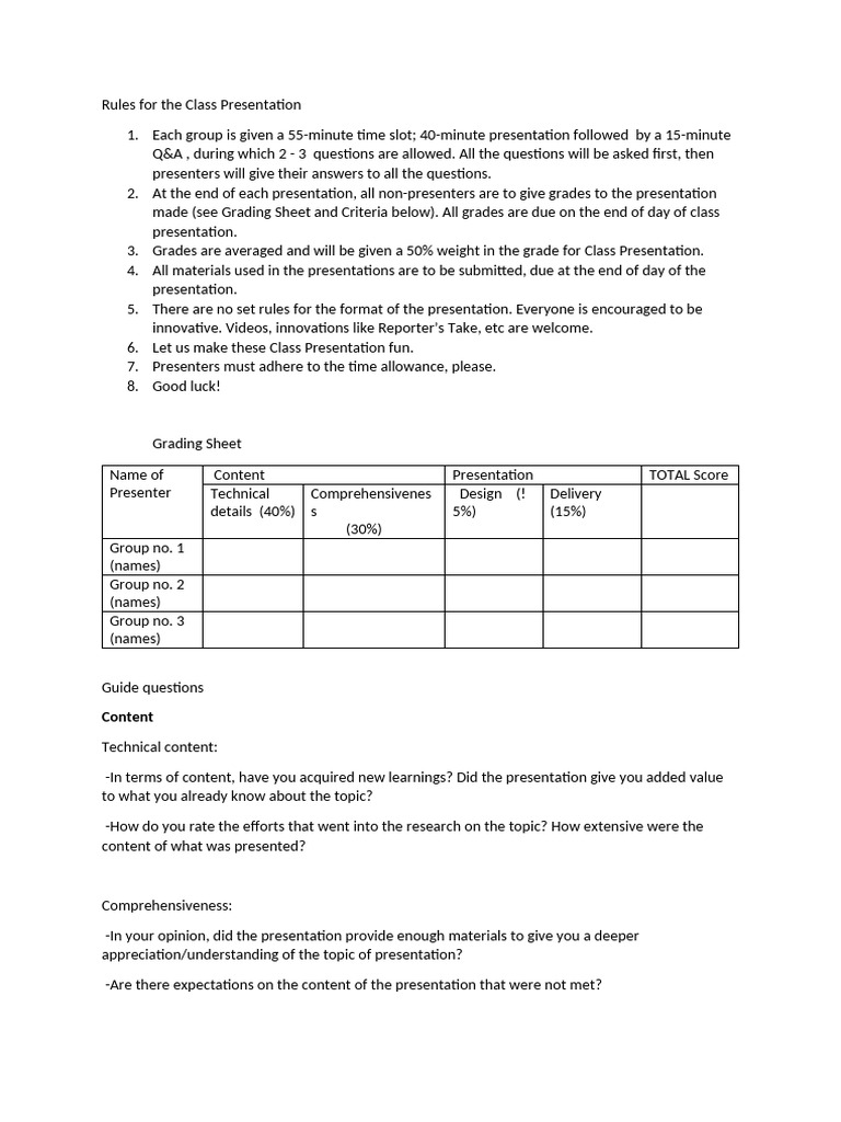 Class Presentation Guidelines and Grading | PDF | Cognition | Human ...