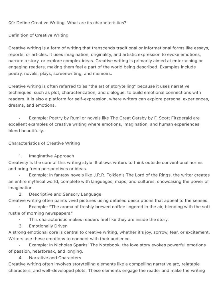 Q1 Define Creative Writing. What Are Its Characteristics-1 | PDF ...