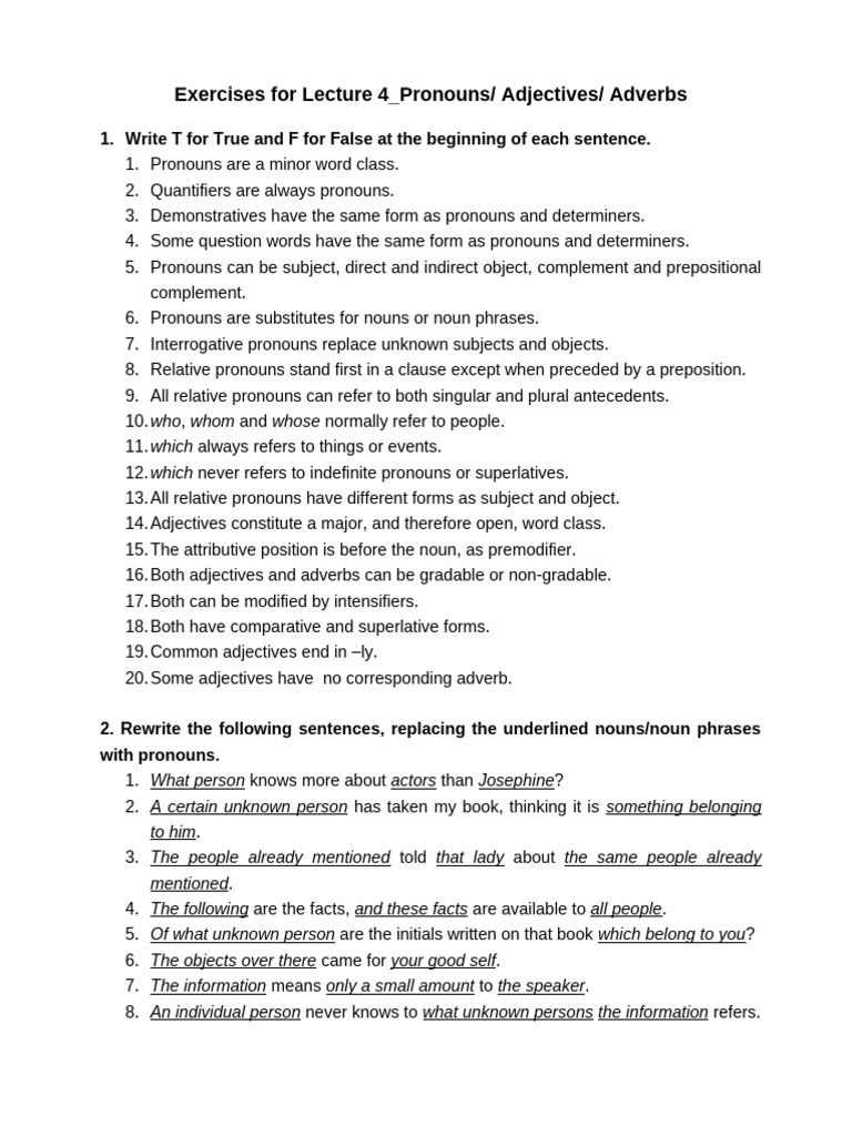 Exercise 4 - Pronoun - Adj.Adv SV | PDF