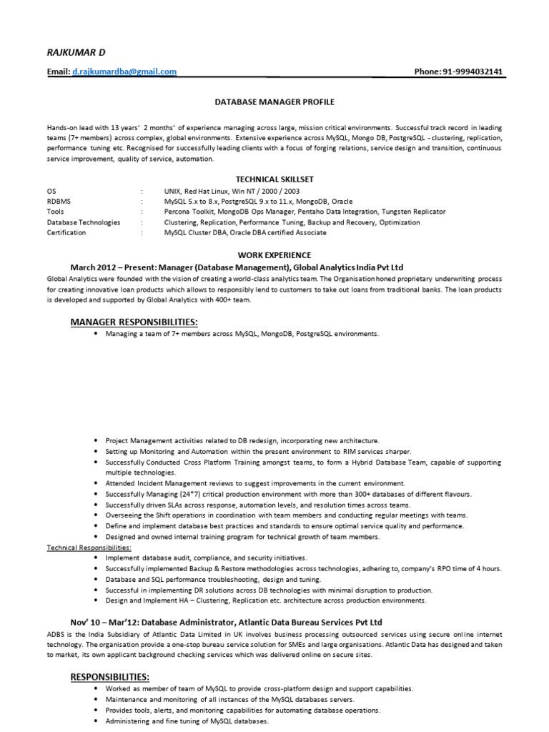 Rajkumar DBA Manager 13 Years 2 Months | PDF | Databases | My Sql