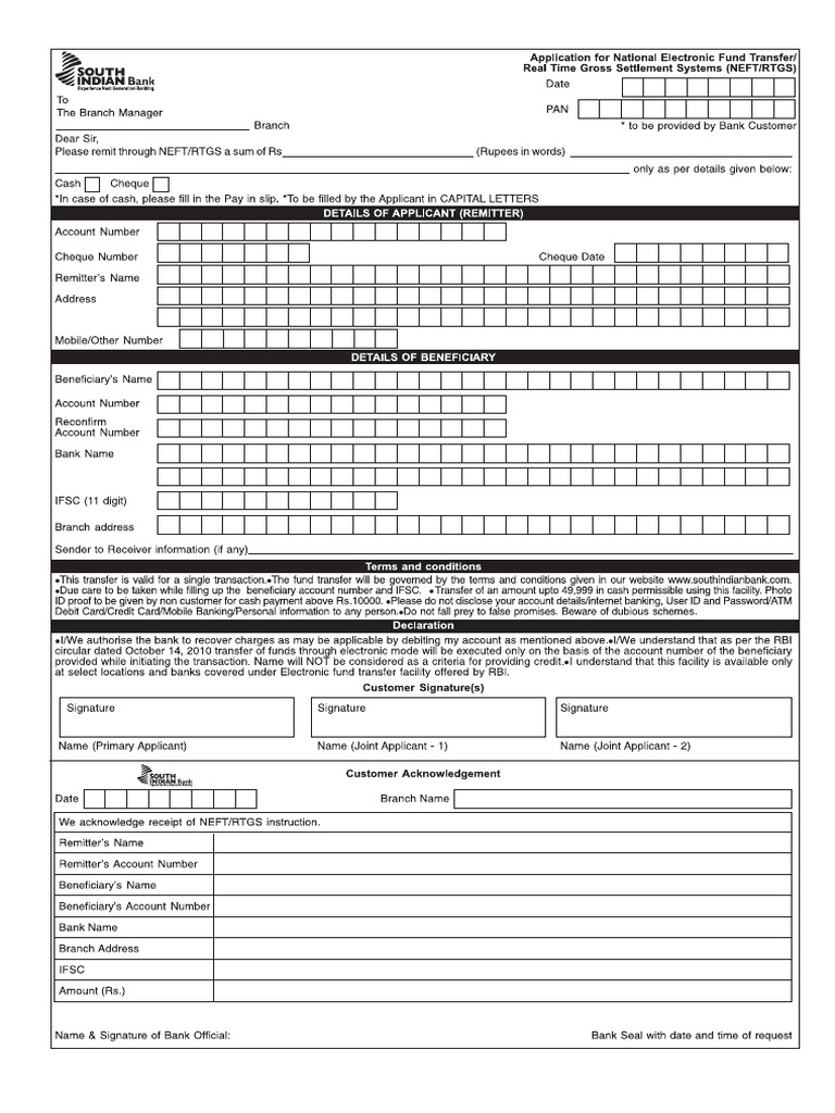 South Indian Bank NEFT RTGS | PDF