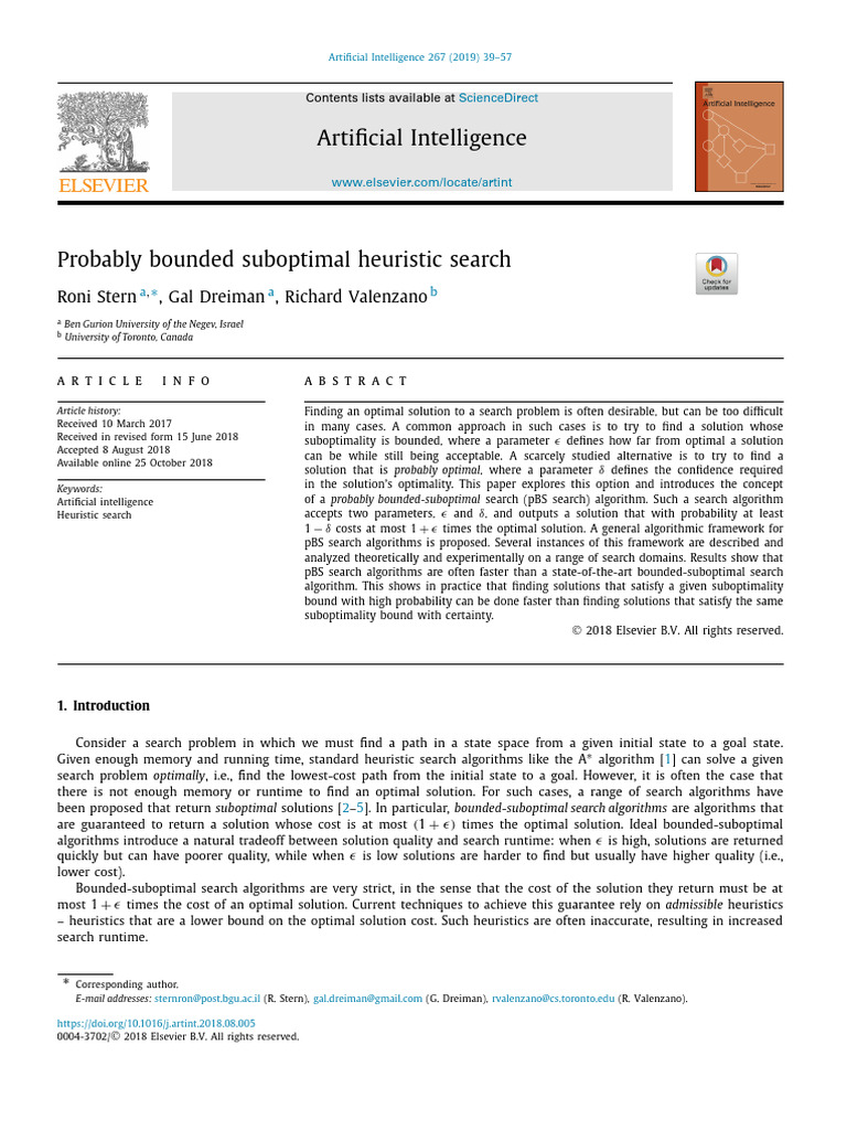 Probably Bounded Suboptimal Heuristic Search - 2019 - Artificial Intelligence | PDF ...