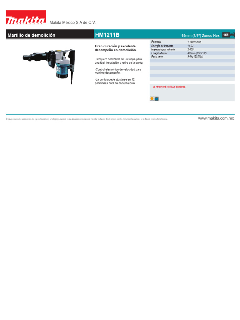Martillo Demolición Makita HM1211B: Potencia y Durabilidad | PDF