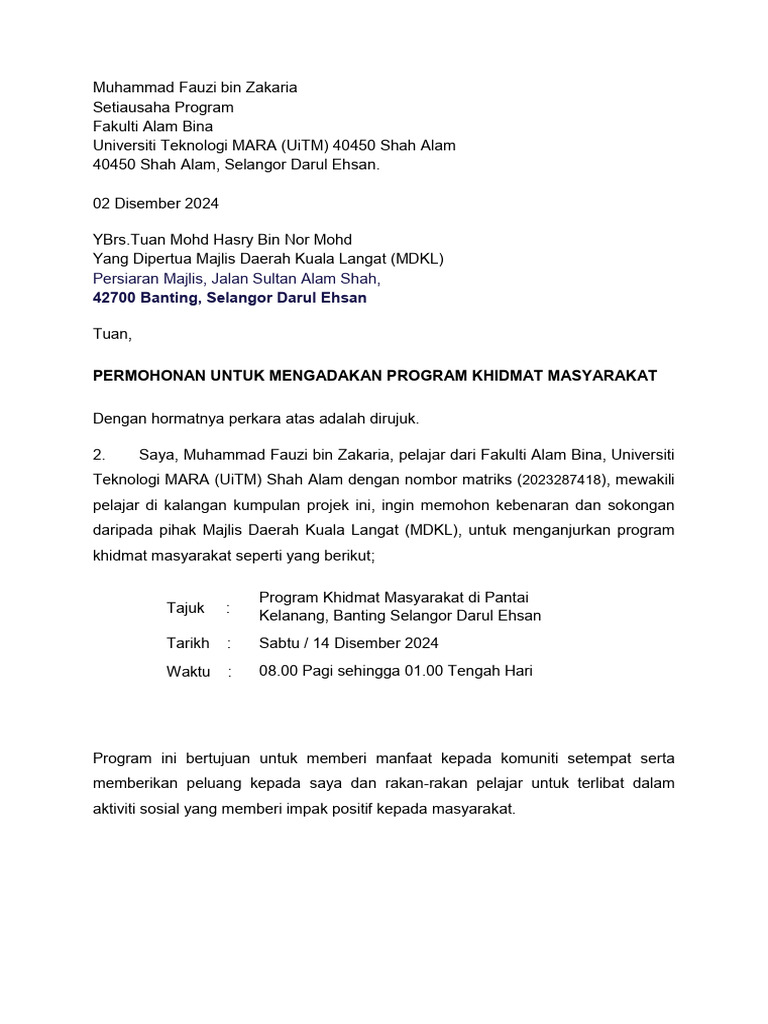 Surat Permohonan Program Ke MDKL | PDF