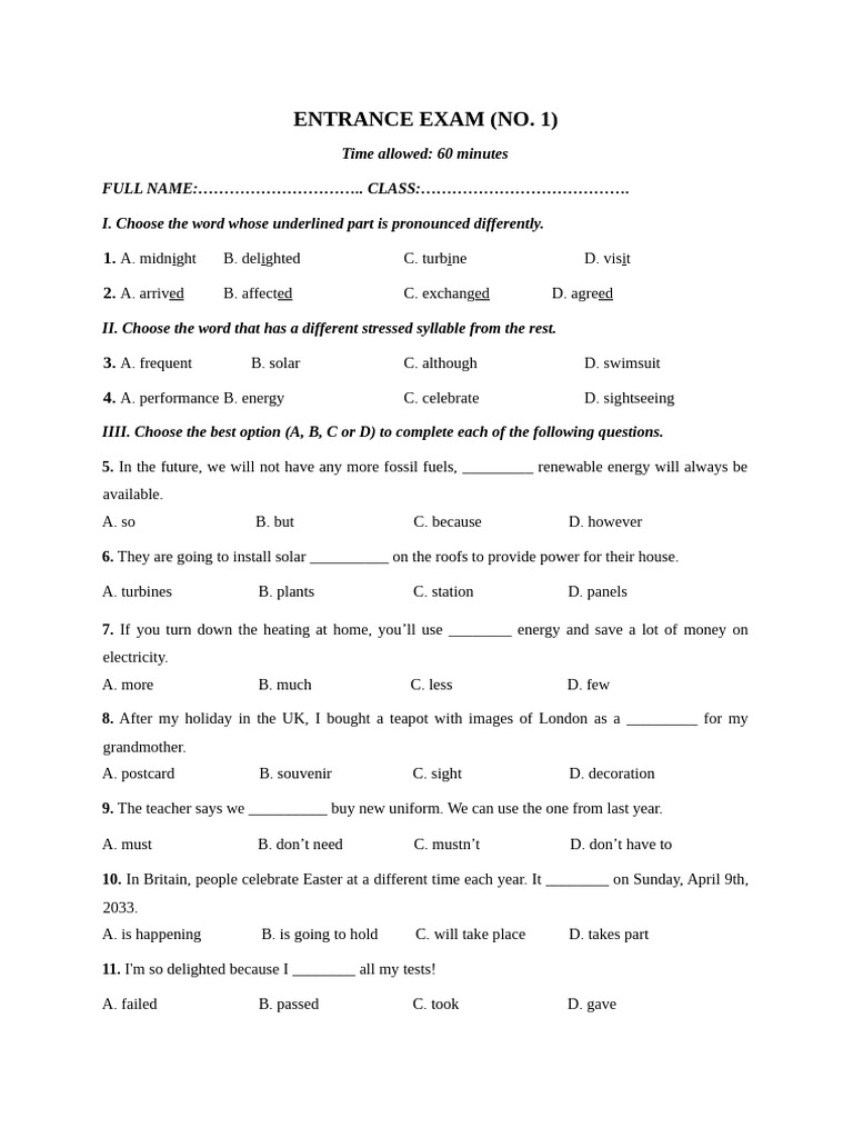 ENTRANCE EXAM (Grade 8 - Global Success) | PDF | Renewable Energy ...