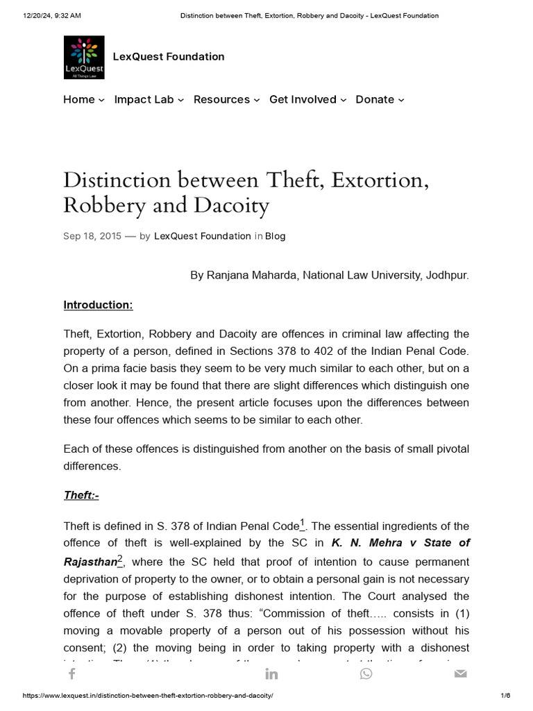 Distinction Between Theft, Extortion, Robbery and Dacoity - LexQuest ...