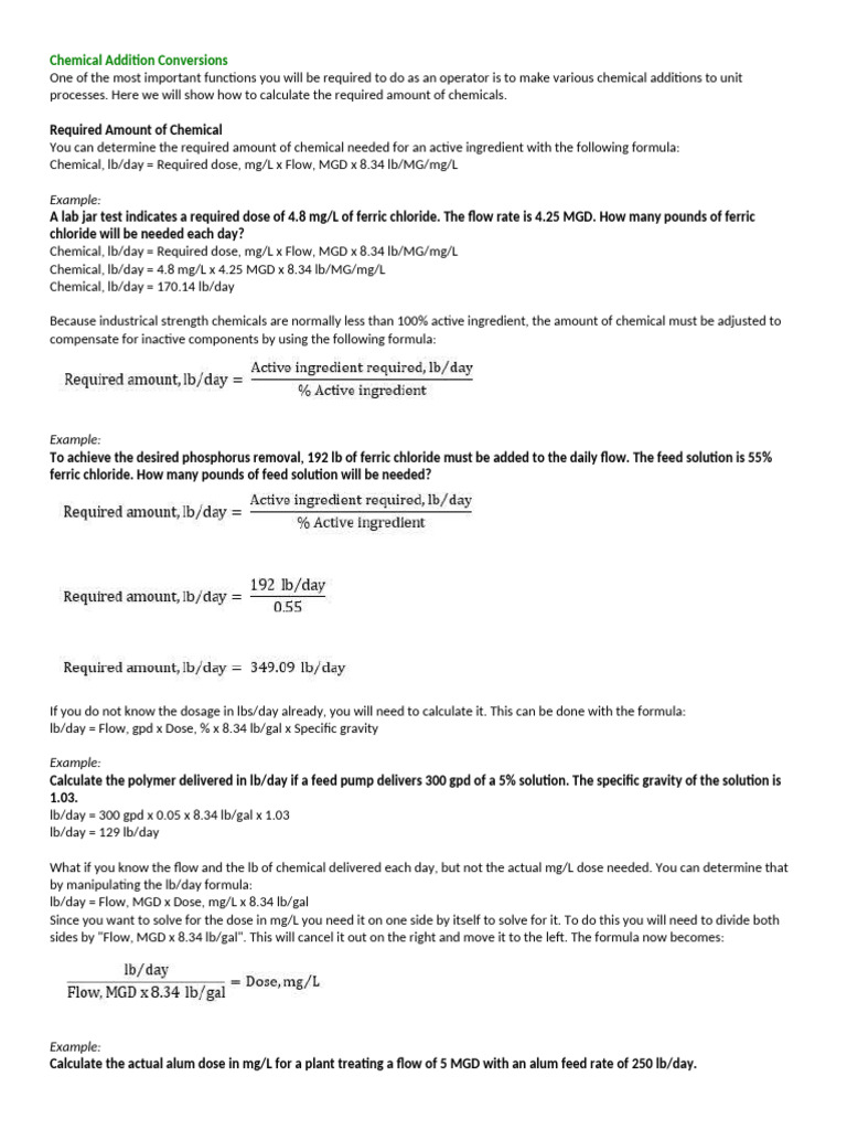 Chemical Addition Calculations in Water Treatment | PDF