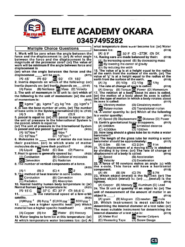 Elite Physics 9th Guess 2024 | PDF