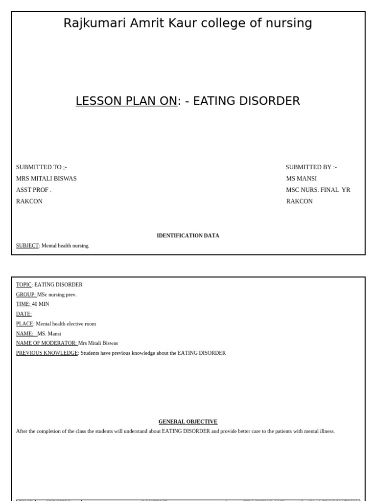 Eating Disorder Lesson Plan | PDF | Eating Disorder | Anorexia Nervosa