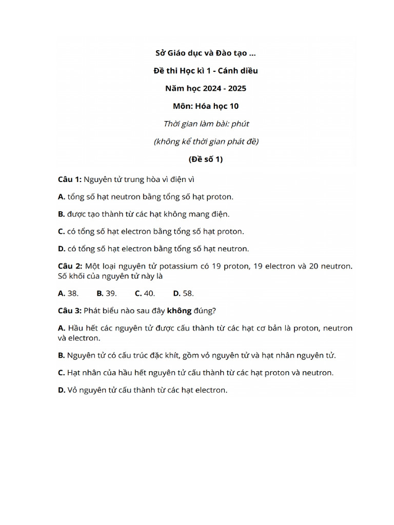 Đề thi CKI Hóa 10 trắc nghiệm | PDF
