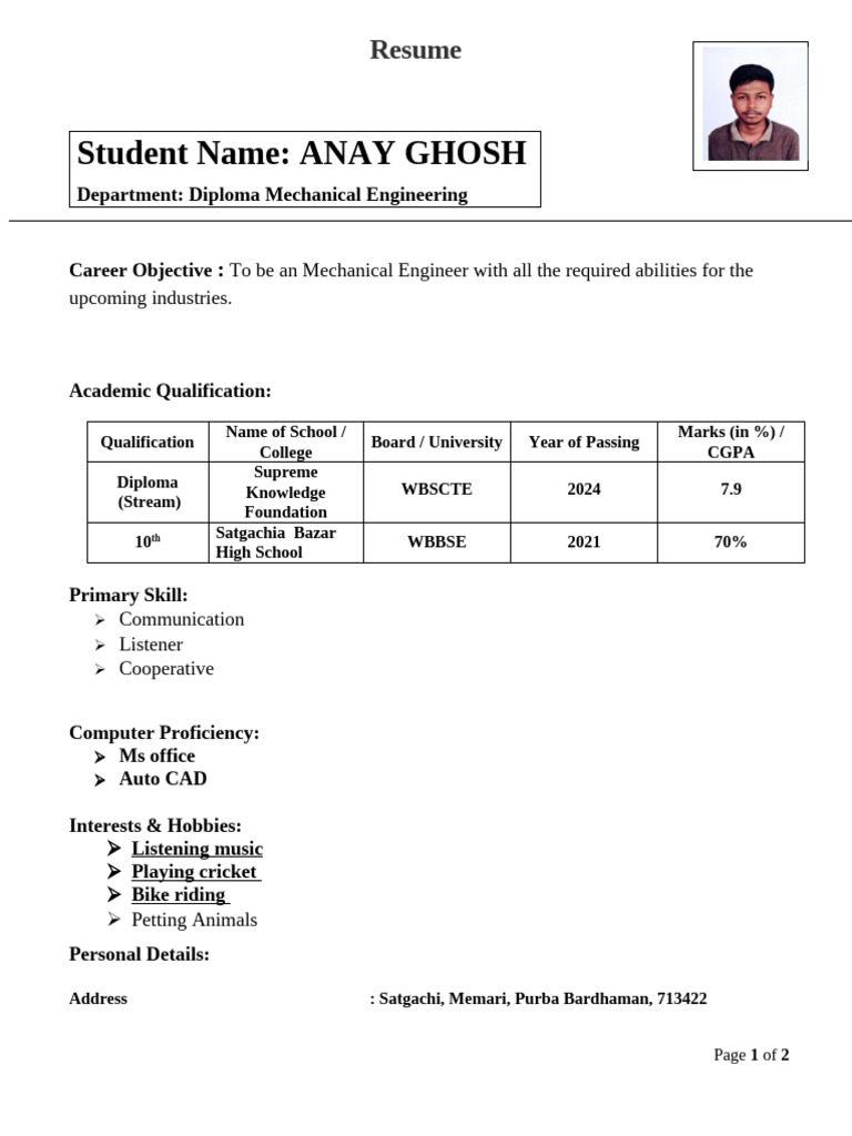Mechanical Engineering Student Resume | PDF