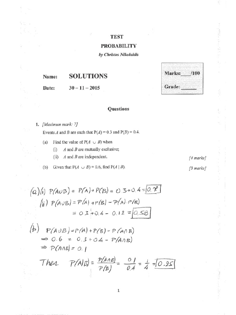 TEST 1. Probability (SOLUTIONS) | PDF
