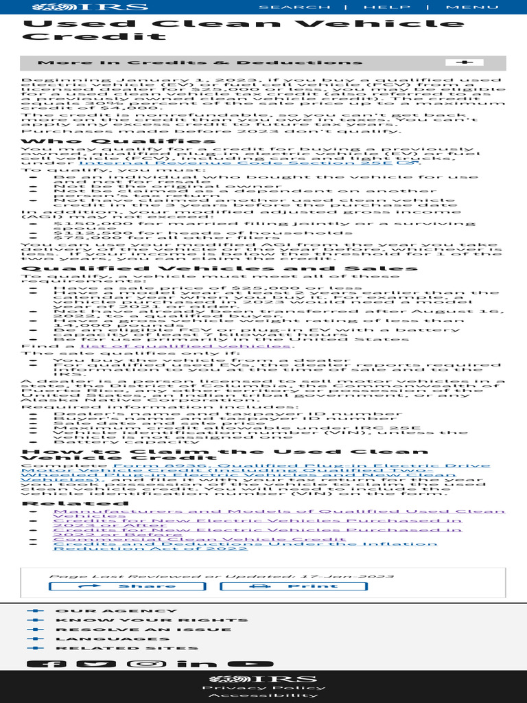 Used Clean Vehicle Credit Internal Revenue Service | PDF | Plug In ...