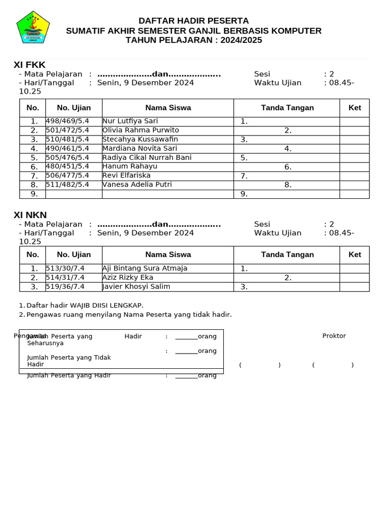 Daftar Hadir XI FKK- NKN sesi 2 | PDF