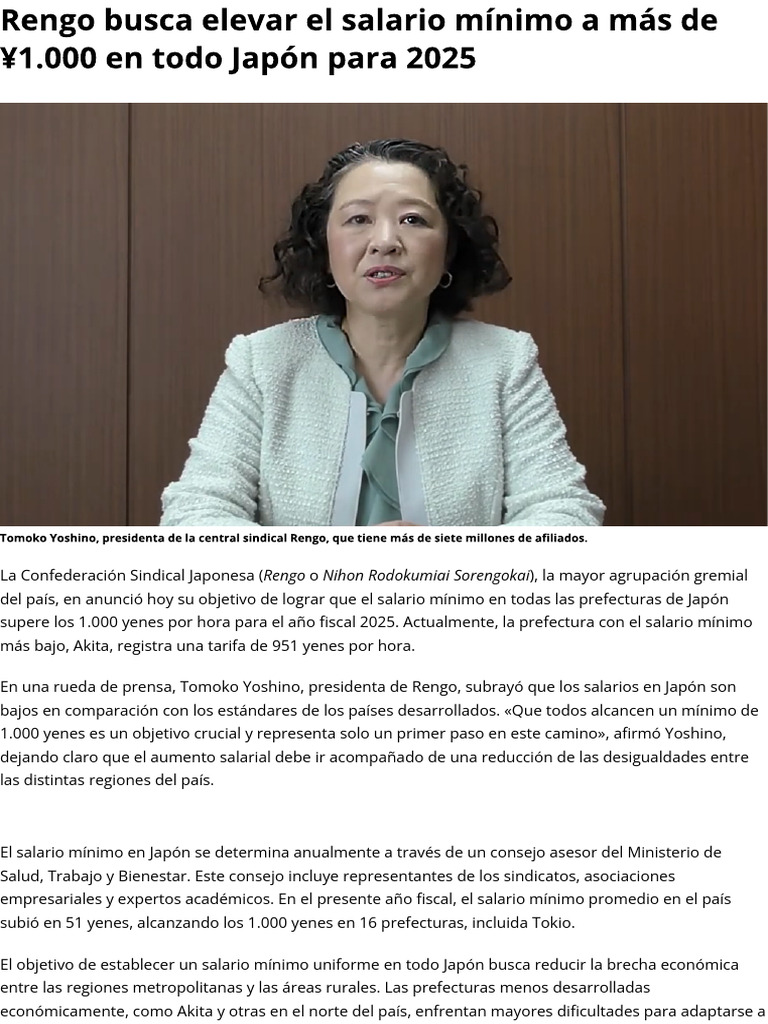Rengo busca salario mínimo de 1,000 yenes en Japón | PDF
