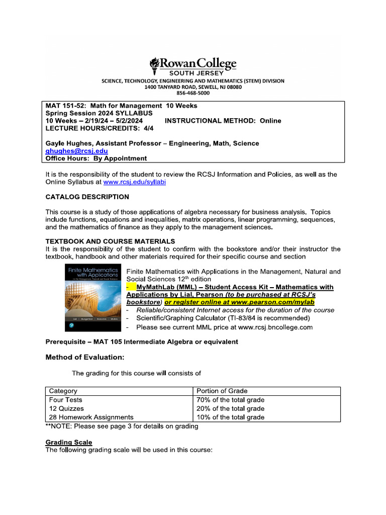 151 Syllabus Spring 2024 10 Weeks | PDF