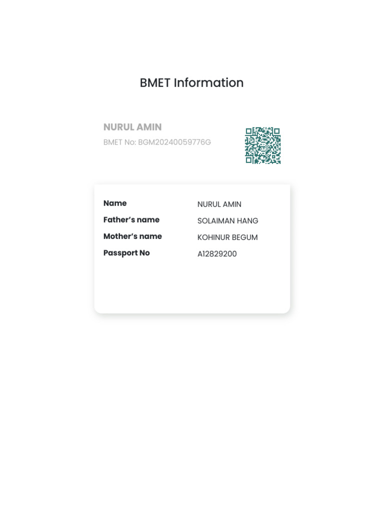 BMET Card - Nurul Amin | PDF