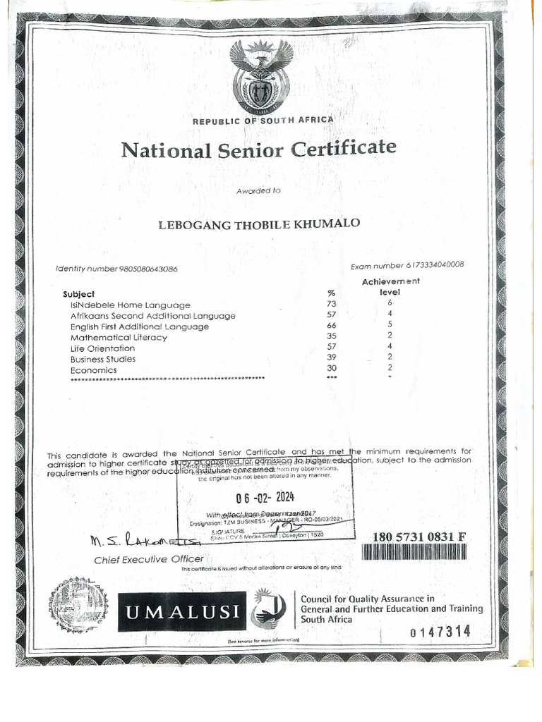 Matric Certificate | PDF