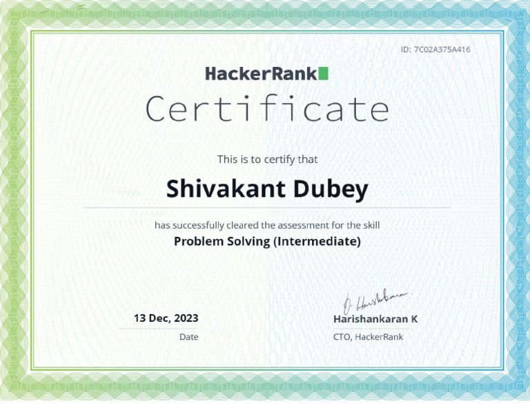 150 - Shivakant Dubey - Problem - Solving - Intermediate Certificate | PDF