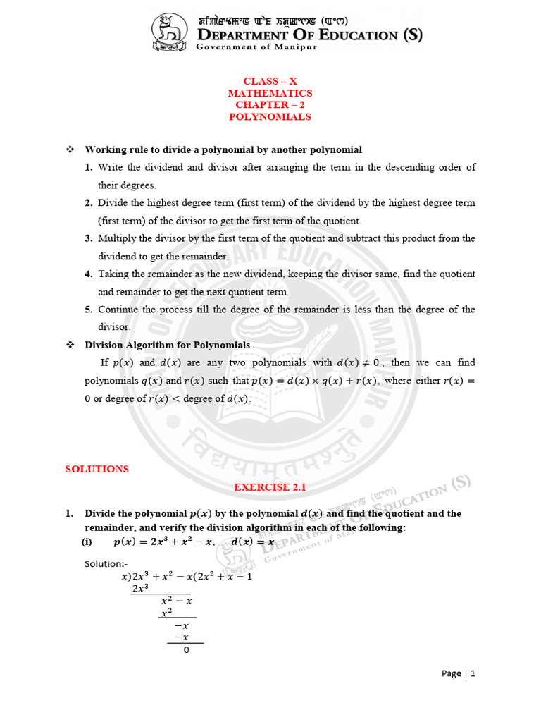 Cl 10(Ch 2) Polynomial | PDF | Division (Mathematics) | Factorization