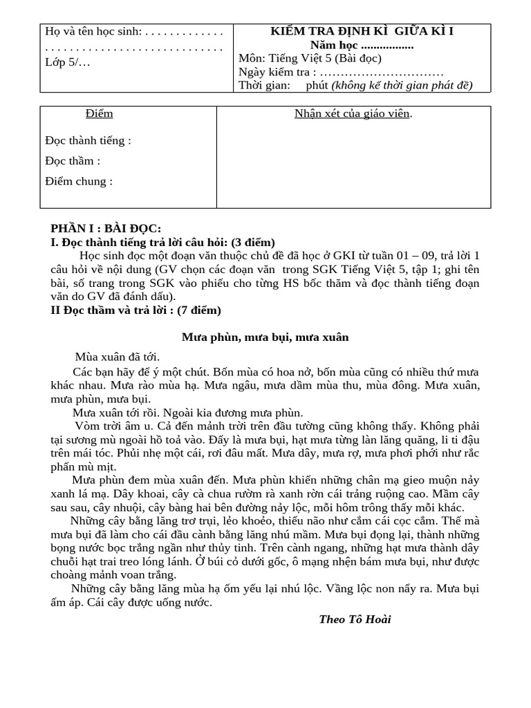 De Thi GK1 Mon Tieng Viet 5 2 | PDF