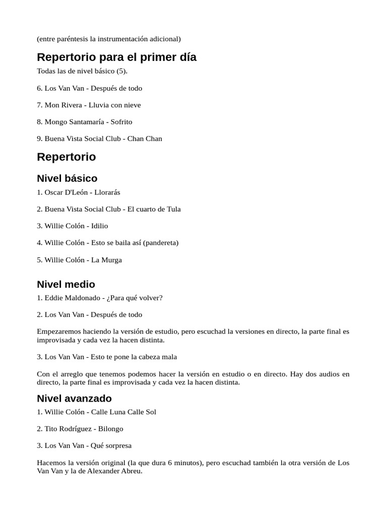 Repertorio Musical por Niveles de Dificultad | PDF