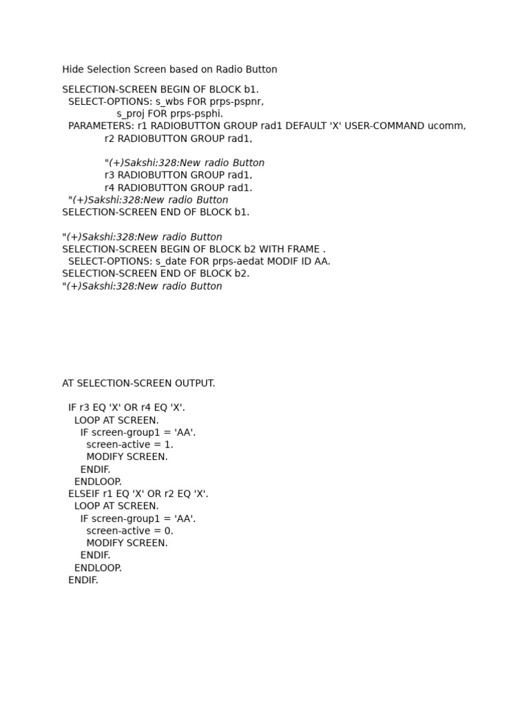 Hide Selection Screen Based On Radio Button | PDF