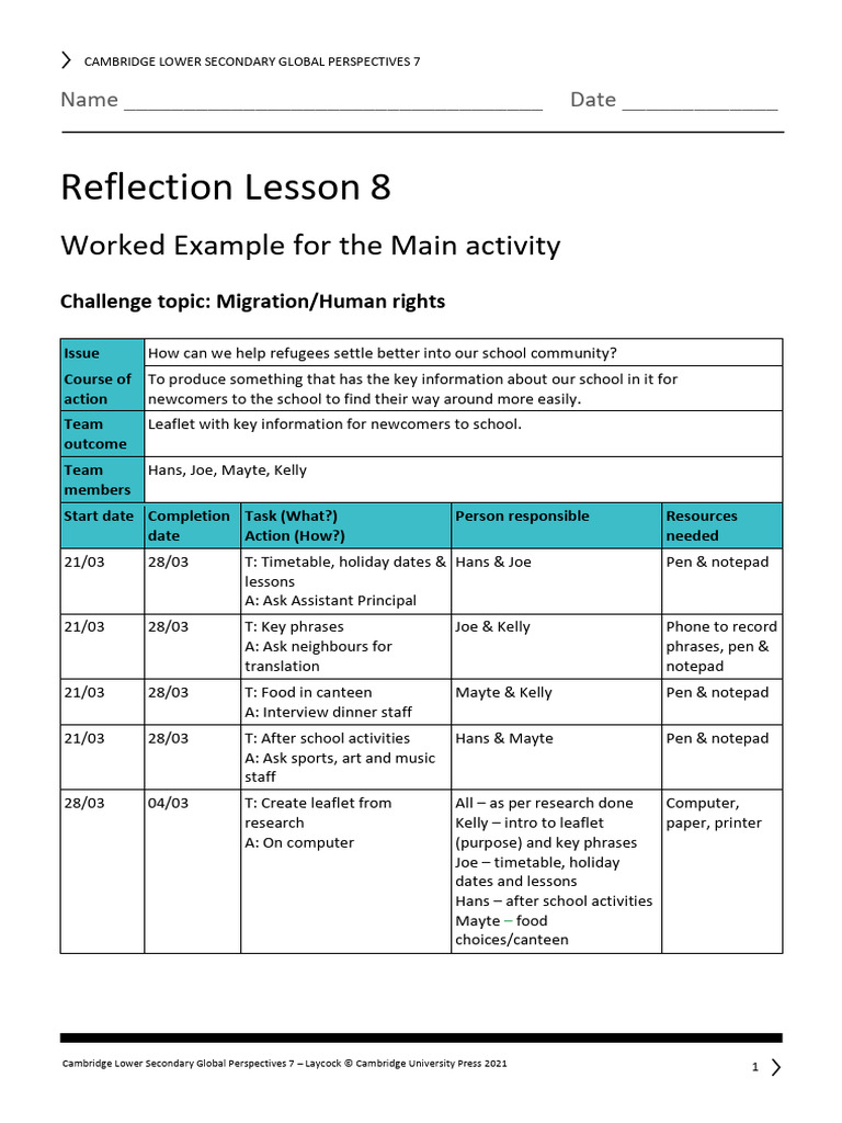 Reflection Lesson 8 Worked Example For The Main Activity | PDF