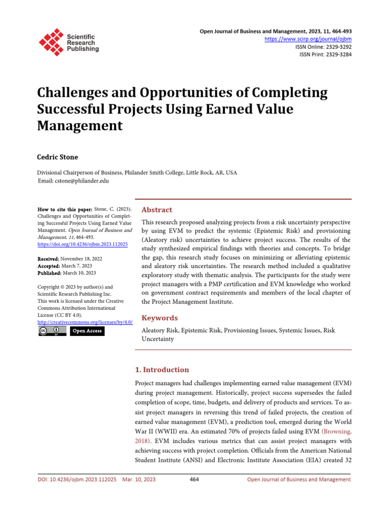 Challenges and Opportunities of Completing Successful Projects Using Earned Value Management ...