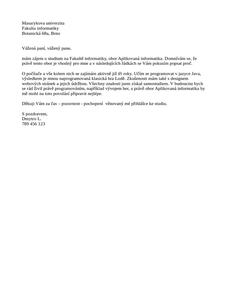 Vzor-Motivacni Dopis Na Vs | PDF