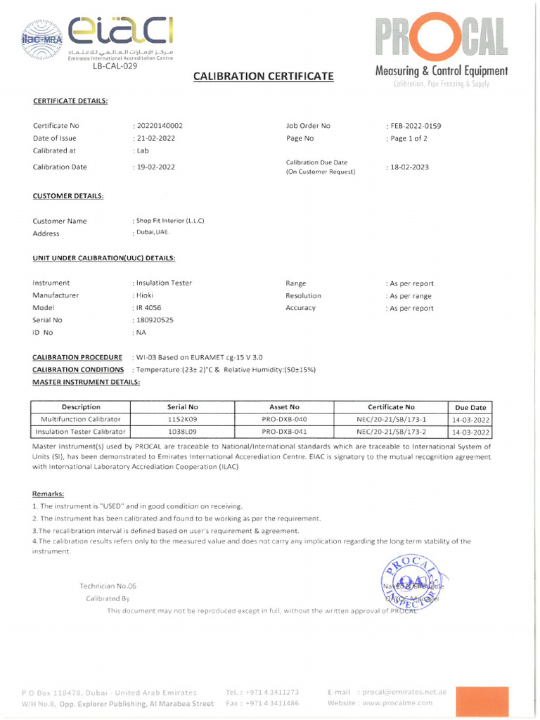 Megger Calibration Certificate | PDF