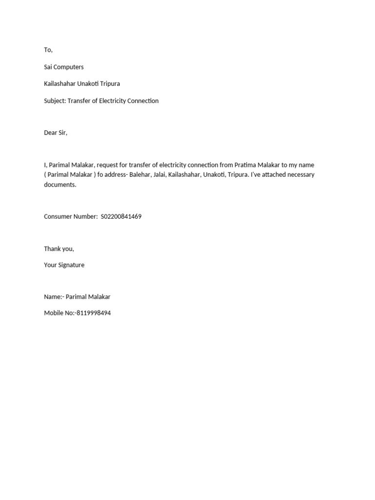 Electricity Connection Transfer | PDF