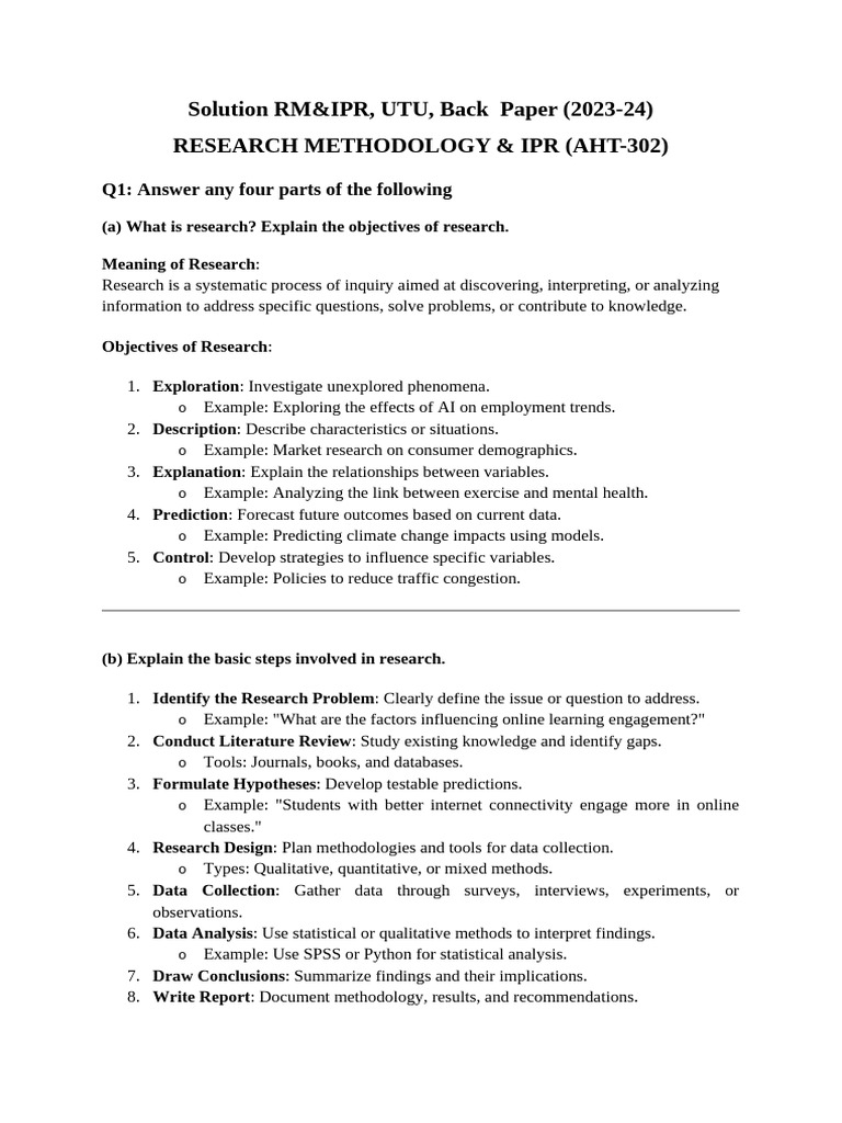 Solution RM&IPR, UTU, Back Paper (2023-24) | PDF | Methodology | Patent