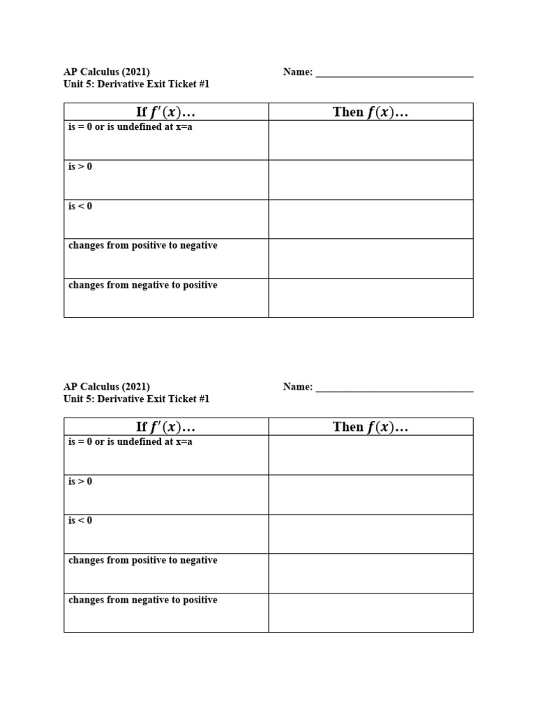 AP Calculus Derivative Exit Ticket 1 | PDF