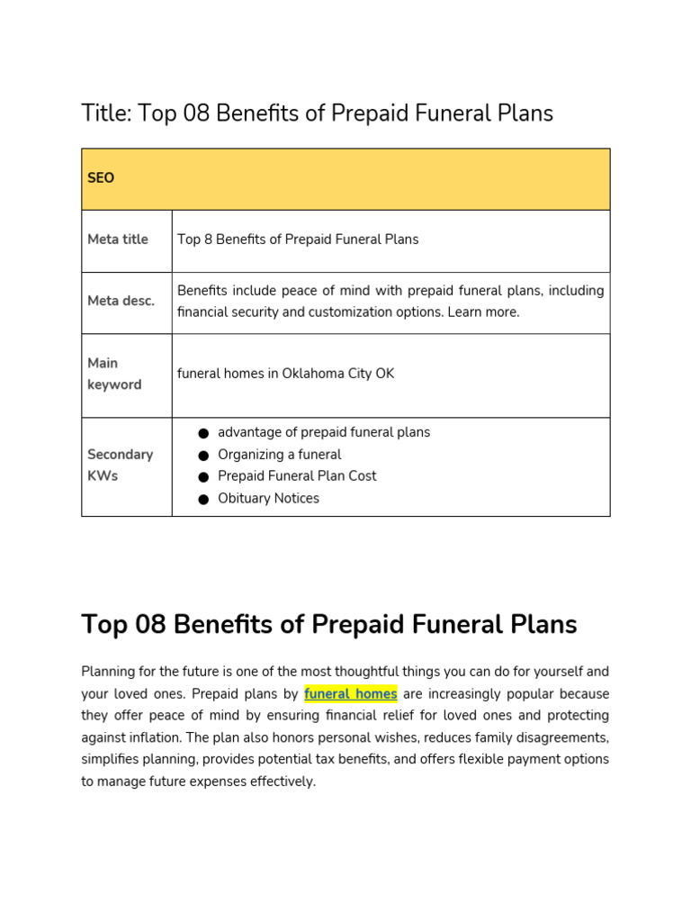 Benefits of Prepaid Funeral Plans | PDF | Funeral | Burial