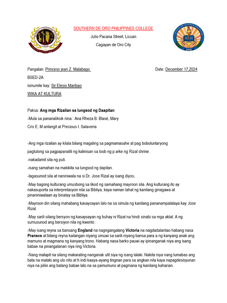 Mga Rizalian Sa Lungsod NG Dapitan - Bycessdocs. | PDF