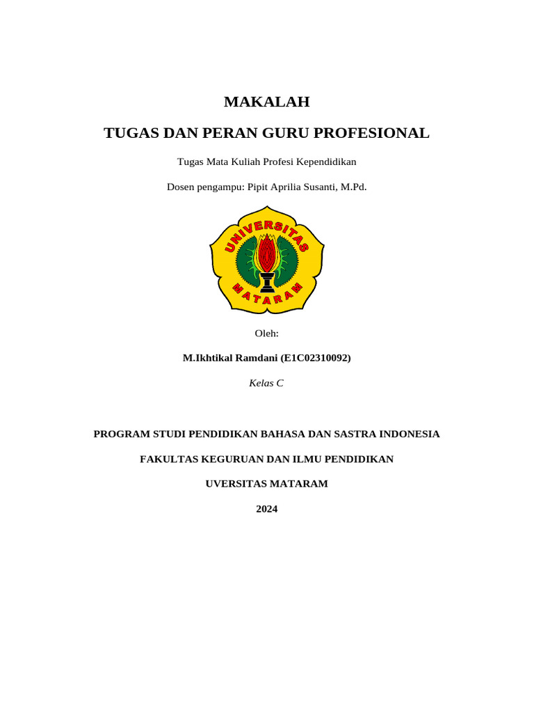Makalah Tugas Dan Peran Guru Profesional - 2C - M Ikhtikal Ramdani ...