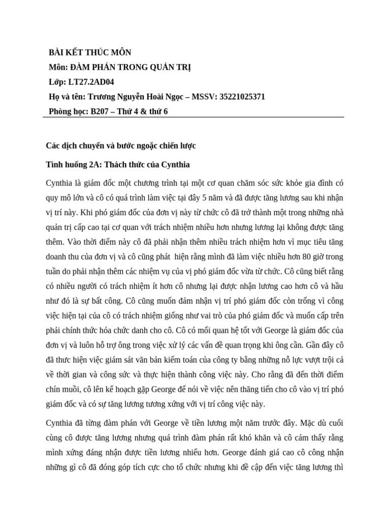 BÀI KẾT THÚC MÔN ĐÀM PHÁN - TH 2A-2B - Trương Nguyễn Hoài Ngọc - 35221025371 | PDF