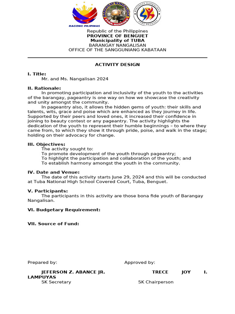 Activity Design For Mr. and Ms. Nangalisan | PDF