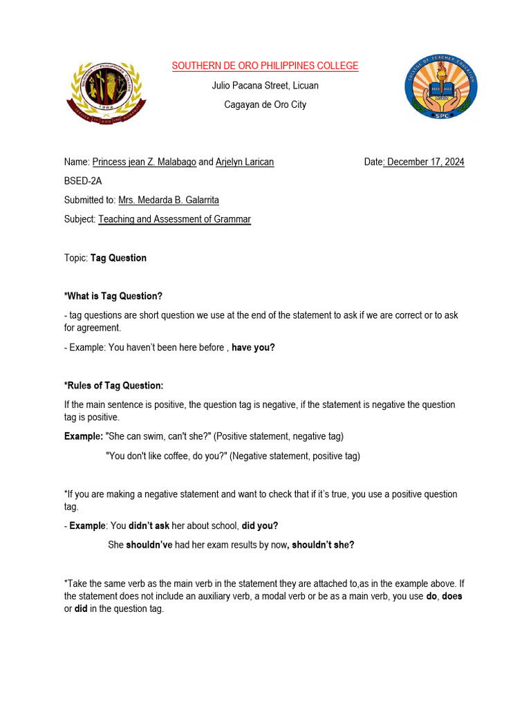 Grammar Report byLarican&Malabago - Docs | PDF | Question | Verb