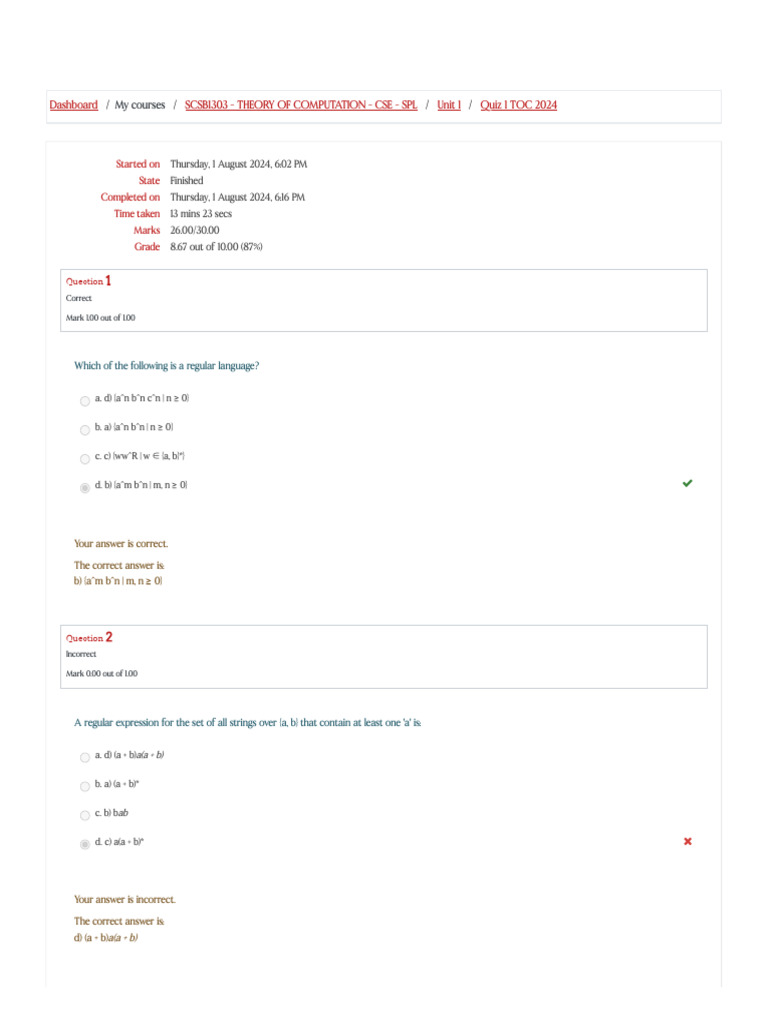 Quiz 1 TOC 2024_ Attempt review | PDF | Theory Of Computation | Metalogic