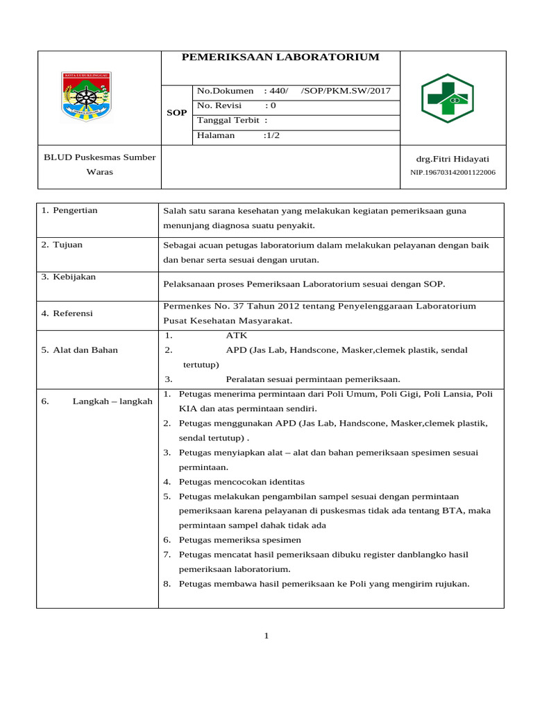SOP Pemeriksaan Laboratorium | PDF