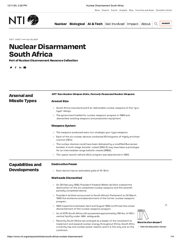 South Africa's Nuclear Disarmament History | PDF | Nuclear Weapons ...
