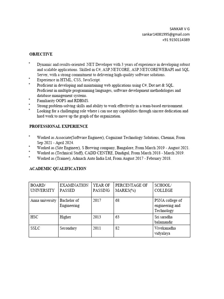 Sankar_Resume1. | PDF | Microsoft Sql Server | Entity Framework