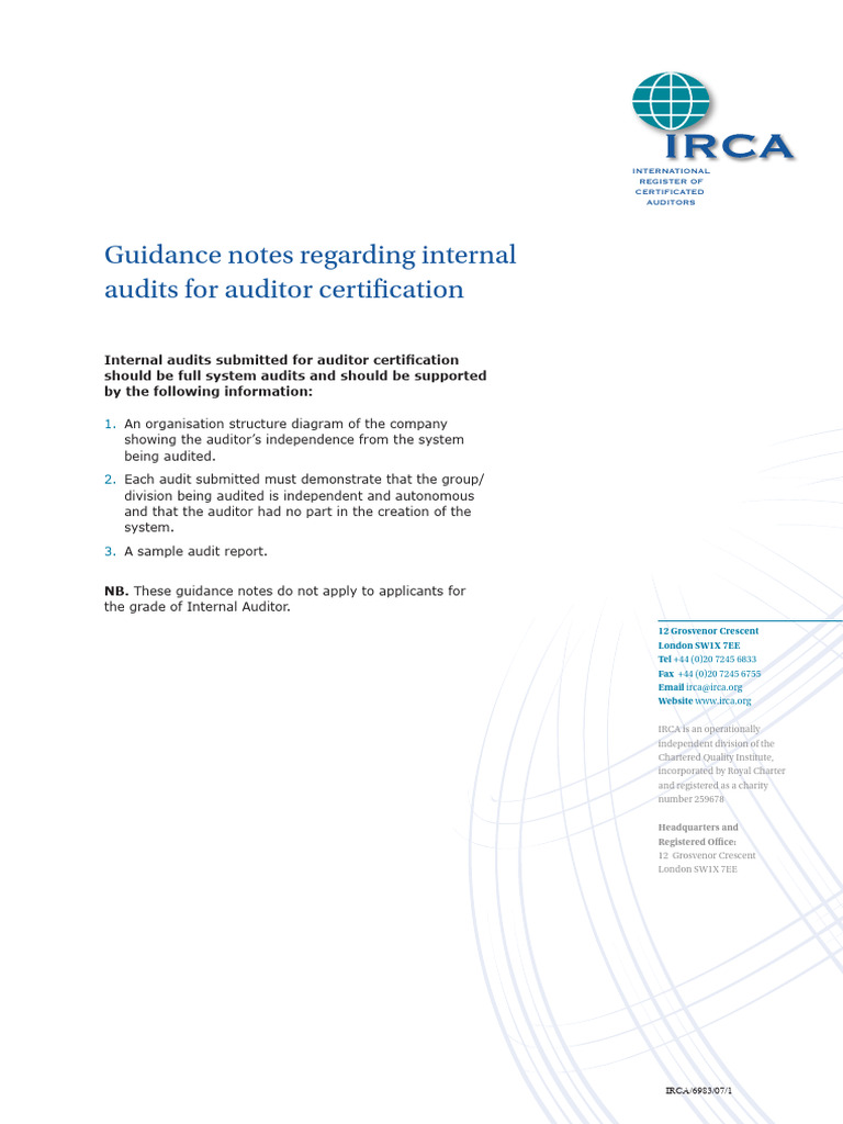 IRCA6983Guidance Notes Regarding Internal Audits For Auditor ...